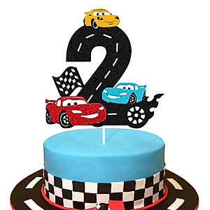 Race Car 2nd Birthday Cake Topper Two Fast Cake Decoration for Racing Car Checkered Flag Themed Kids Boy Girl 2s Years Old Happy 2 Bday Party Decor Supplies Double Sided