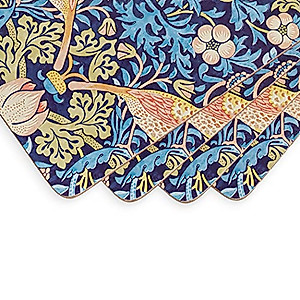 Pimpernel Morris & Co Strawberry Thief Blue Collection Placemats | Set of 4 | Heat Resistant Mats | Cork-Backed Board | Hard Placemat Set for Dining Table | Measures 15.7” x 11.7”