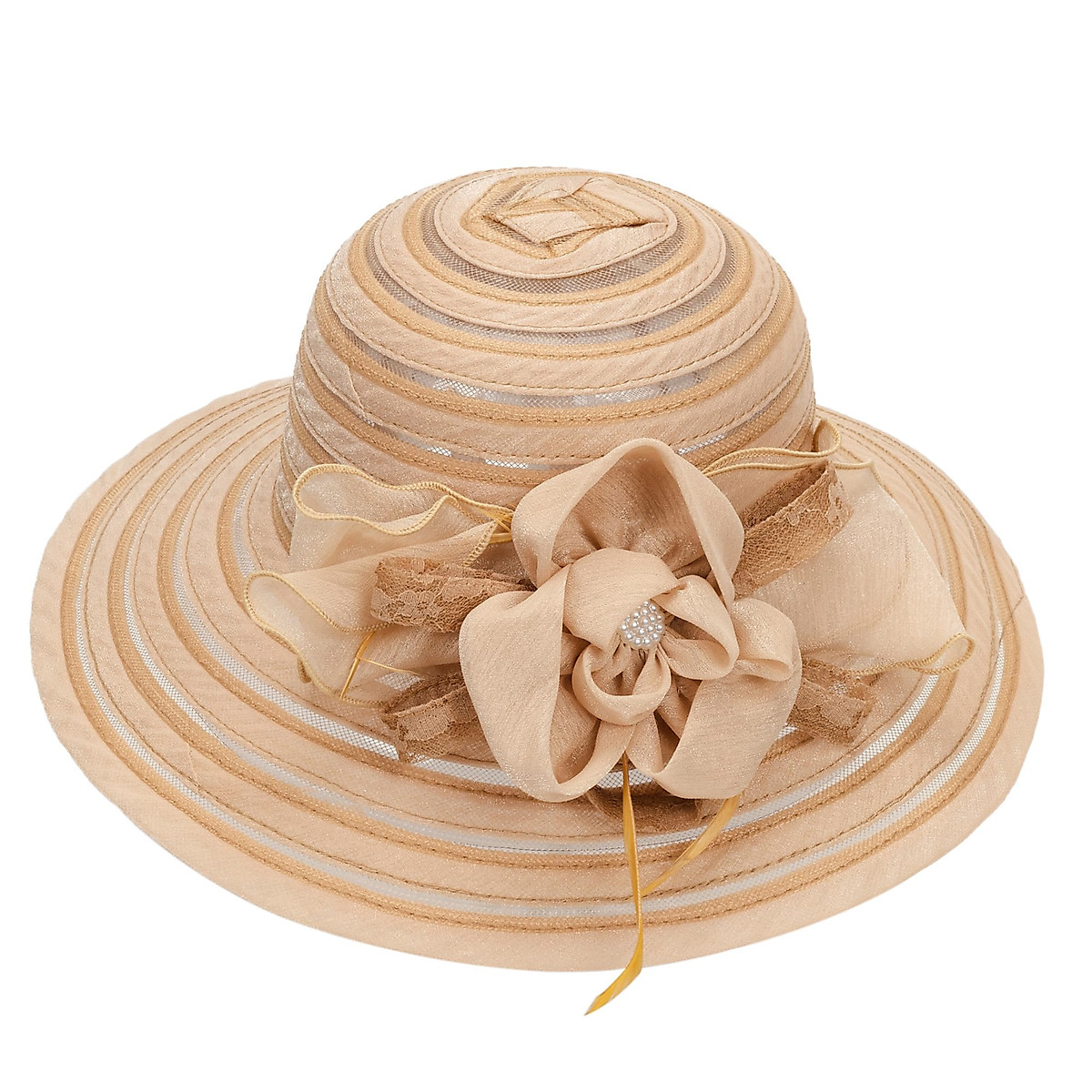 Kentucky Organza Wide Brim Sun Hat Summer Derby Hats for Tea Party Wide Brim Bowler Cap Khaki