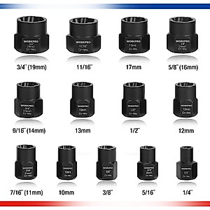 WORKPRO 15 Pieces Impact Bolt & Nut Remover Set, 3/8” Drive Bolt Extractor for Removing Stripped, Damaged, Rounded off and Rusted Bolts & Nuts