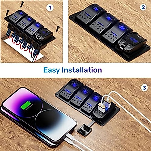 3 Gang Rocker Switch Aluminum Panel with Voltmeter & Dula USB Charger (4.8 Amp) 12V/24V DC Rocker Switch with Night Glow Stickers, Waterproof for Marine, Boat, Car, Truck, Jeep (Blue)