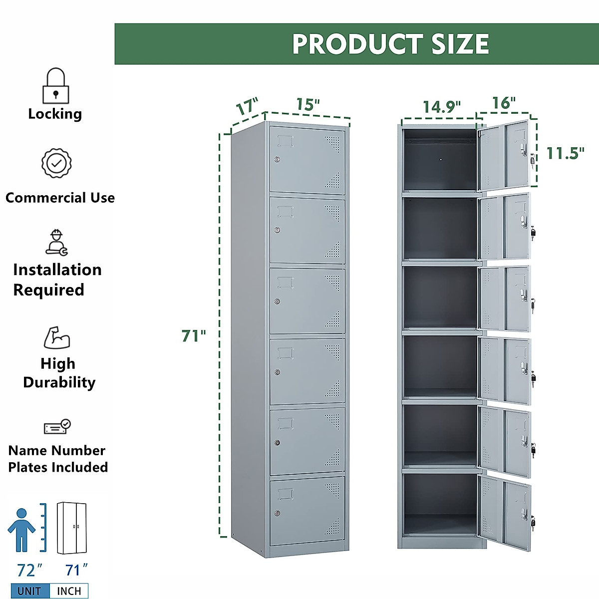 BYNSOE Metal Locker 2 Doors 71" Employees Locker Storage Cabinet Locker School Hospital Gym Locker Requires Assembly (Grey, 2 Doors)