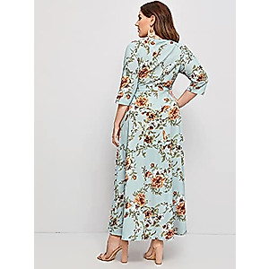 WDIRARA Women's Plus Size Floral Print Round Neck Belted A Line Flared Dress Mint Green 1XL