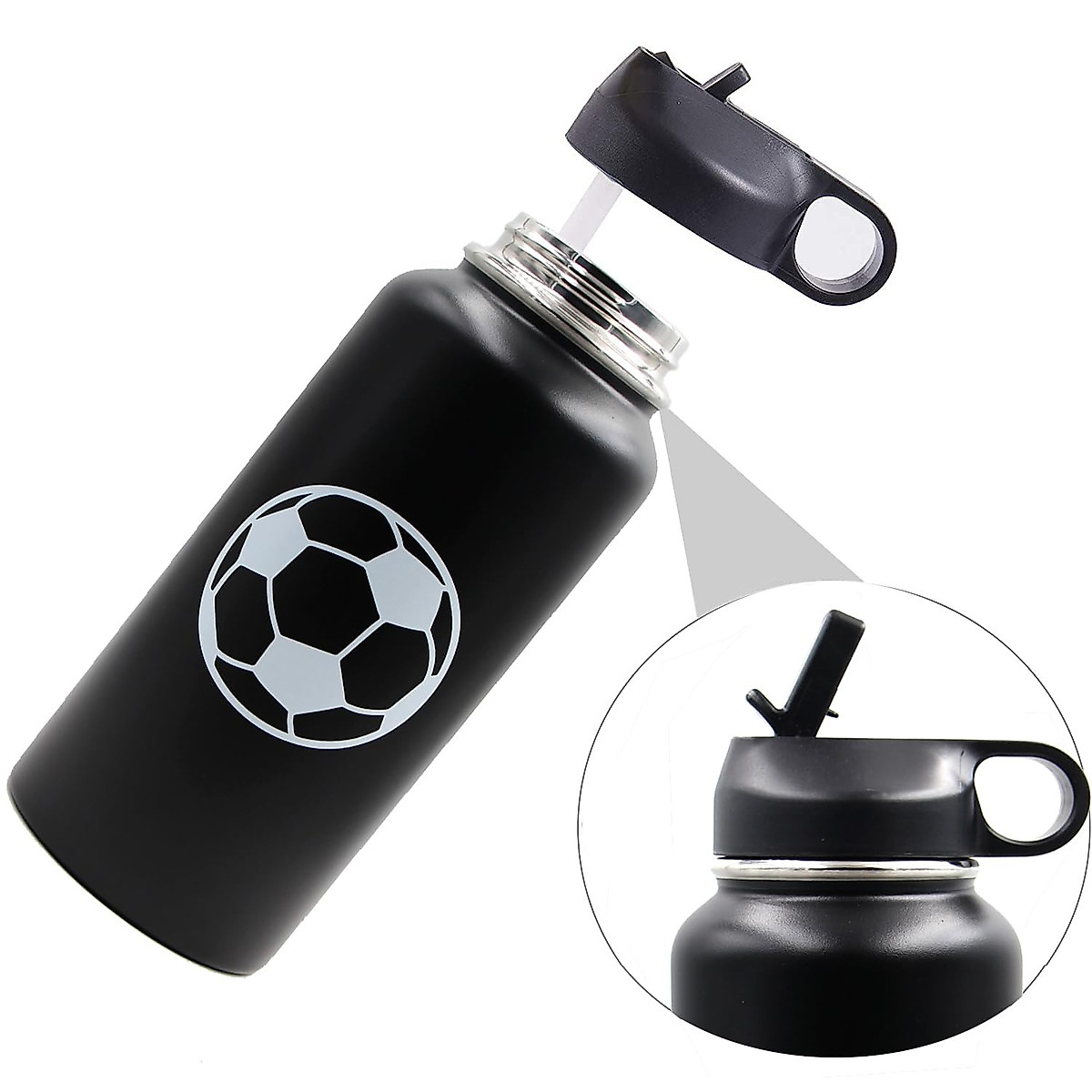 32oz Soccer Water Bottle, Wide Mouth Sports Flask with 2 Lids Straw Lid and Flex Cap, Stainless Steel Double Wall Vacuum Leak Proof Insulated Sports Water Bottles (32oz, Soccer)