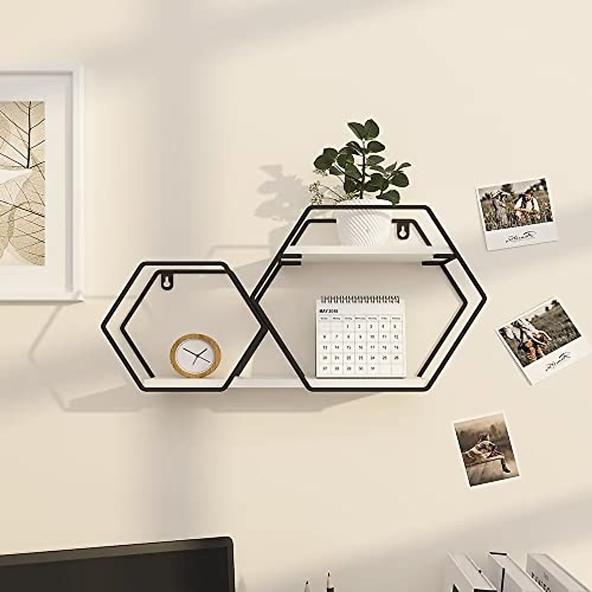 AIJADESK Wall Metal Wall Shelf Geometric Floating Shelves Decorate, Siamese Creative Classic Element Design Hexagon Floating Shelves, for Plant Display, Home Decoration Farmhouse Wall Shelf Exhibit.
