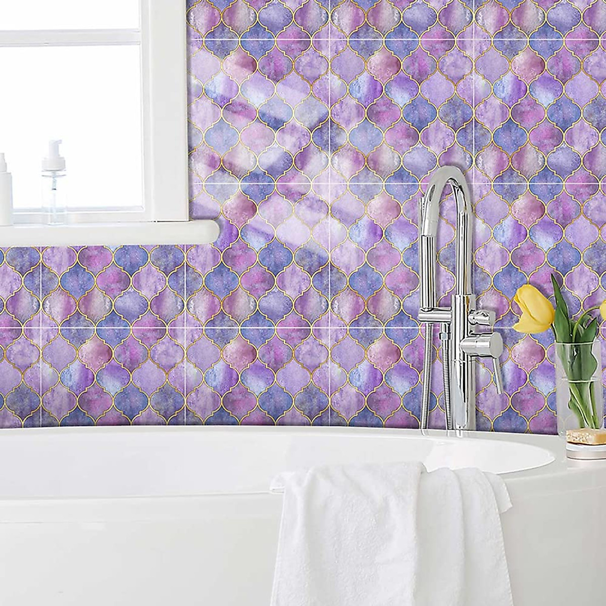 Yifasy 6pcs Dazzle Purple Shelf Liners Fish Scale Furniture Decor Sticker Peel-Stick PVC Tiles Covering 15x15cm