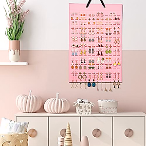 Lolalet Hanging Earring Organizer Earring Holder with 20 Hooks, Holds Up to 360 Pairs, Wall Earrings Hanger Pierced Earring Storage for Women Girls, Large Felt Stud Earring Display -Pink, 1 Pack