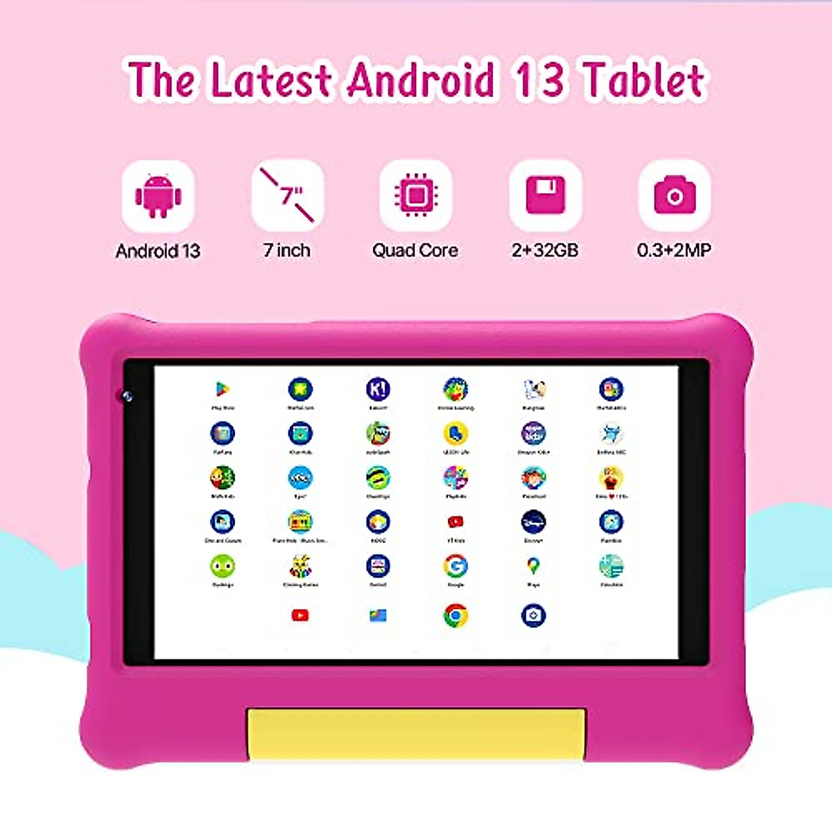 ApoloSign Kids Tablet, 7-inch Android 13 Tablet for Kids, 2GB RAM+32GB ROM with WiFi, Bluetooth, Parental Control APP, Educational Games, Dual Cameras, Shockproof Case(Pink)