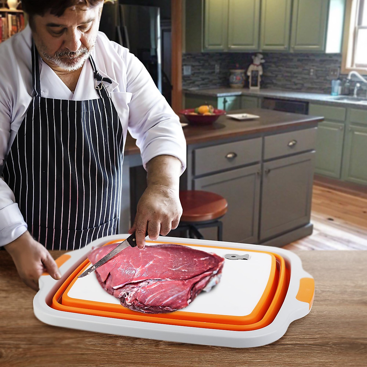 Large Collapsible Cutting Board(4.22 Gal/16L), Foldable Camping Sink with Colander, BBQ Prep Tub with Lid, Multifunction Dish Basin for Kitchen, Bowl, Vegetable and Fruit, Storage Basket for Picnic