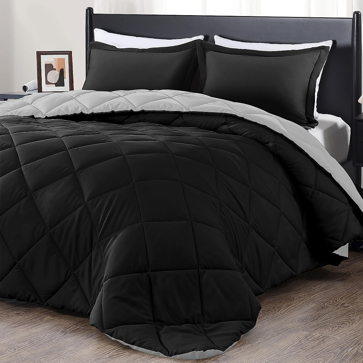downluxe Queen Comforter Set - Black and Grey Comforter Set Queen, Soft Bedding Sets for All Seasons -3 Pieces - 1 Comforter (88"x92") and 2 Pillow Shams(20"x26")