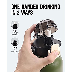 40 oz Water Bottle insulated, Cooplus Stainless Steel Water Flask with 2 Covered Auto Straw Lids, Metal Leakproof Bottle with Handle, Keep Cold 48h Hot 24h for Outdoor or Sports,Green