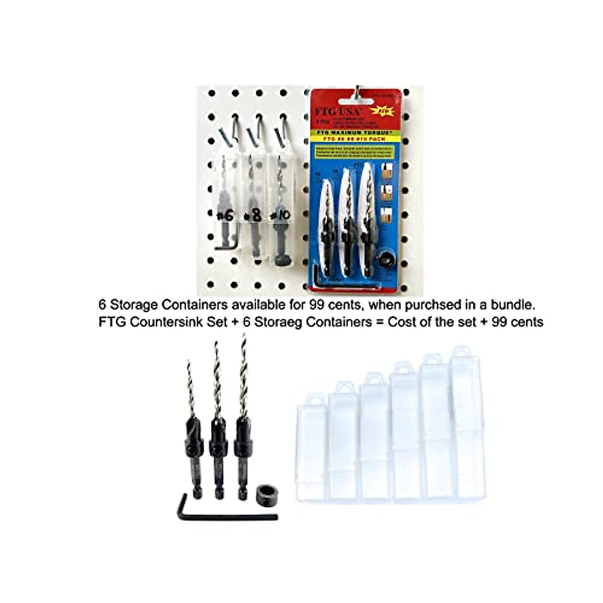 FTG USA Wood Countersink Drill Bit Set 3 Pc Countersink Drill Bit #6#8#10 Tapered Drill Bits with Improved Countersink Connection Drill Bit to Hex Shank Without Pin, 1 Stop Collar, 1 Allen Wrench
