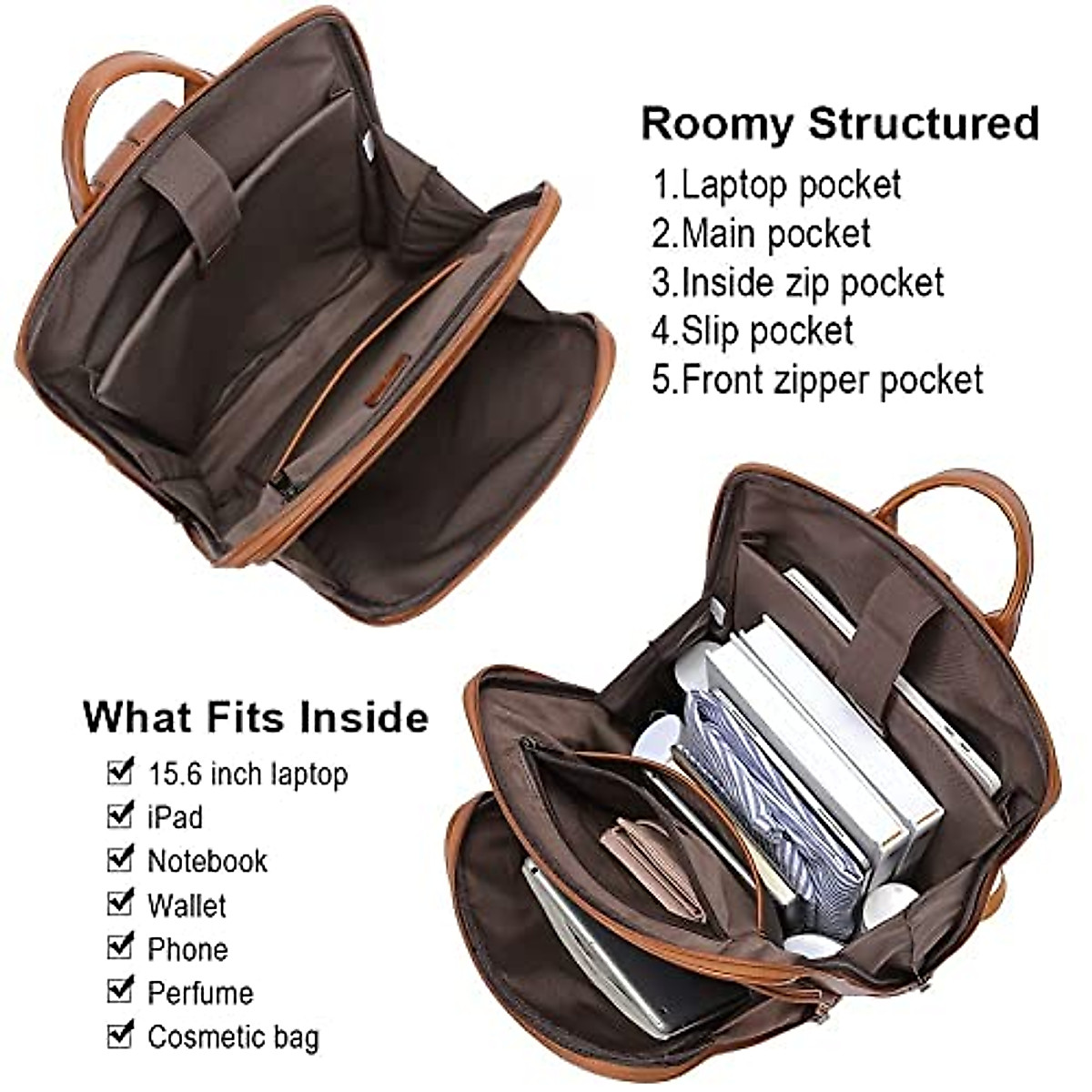 CLUCI Leather Laptop Backpack for Women 15.6 inch Computer Backpack Travel Large Business Work Daypack Off-white with Brown