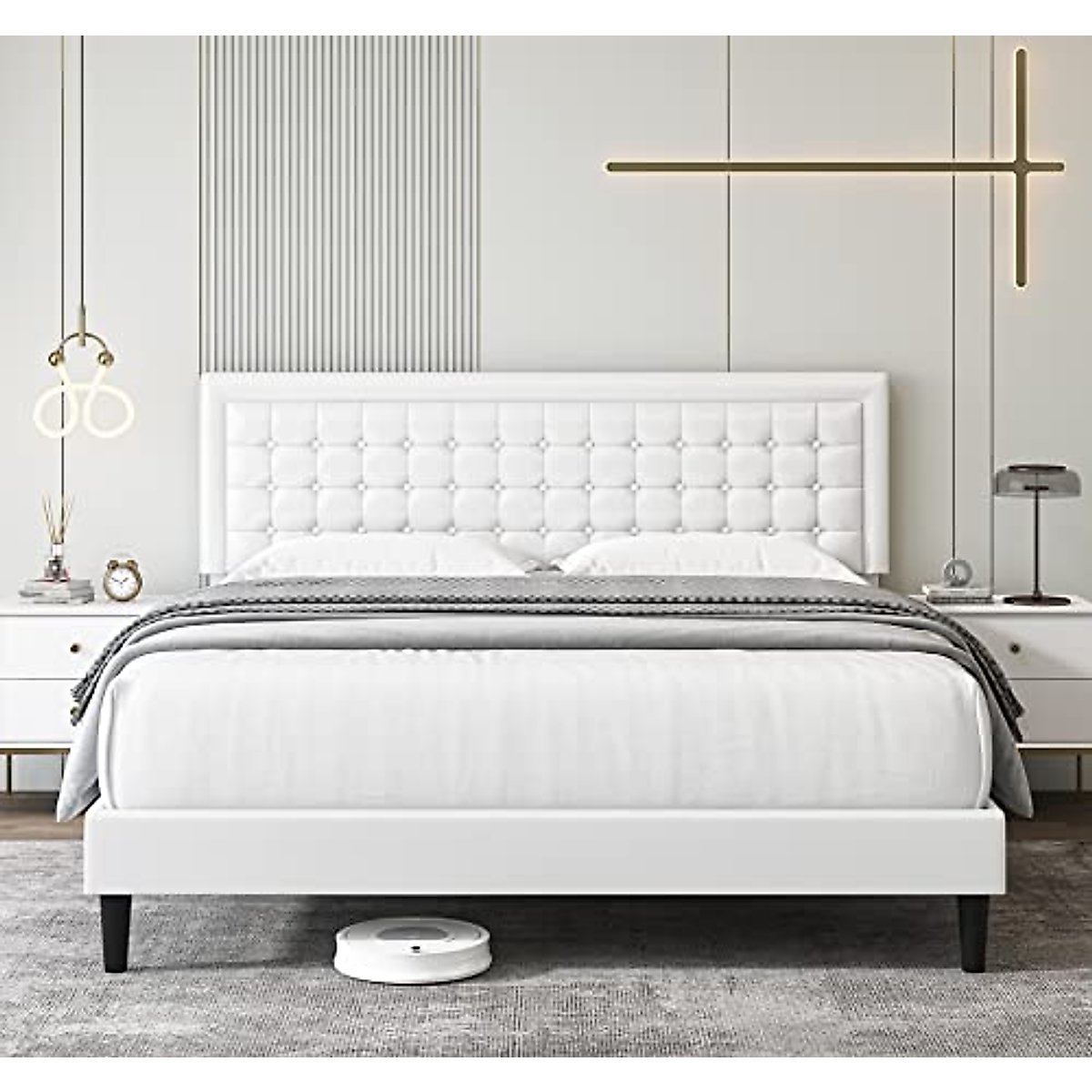 HIFIT King Size Bed Frame, Upholstered Platform Bed with Button Tufted Adjustable Headboard, Modern Faux Leather Upholstered Mattress Foundation, No Box Spring Needed, Easy Assembly, White