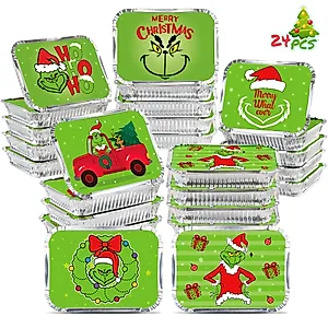 Biawoy 24Pcs Christmas Aluminum Foil Containers with Lids, Christmas Cookie Tins with Lids, Christmas Treat Containers Holiday Gift Giving and Food Storage Containers, Disposable Leftovers Containers