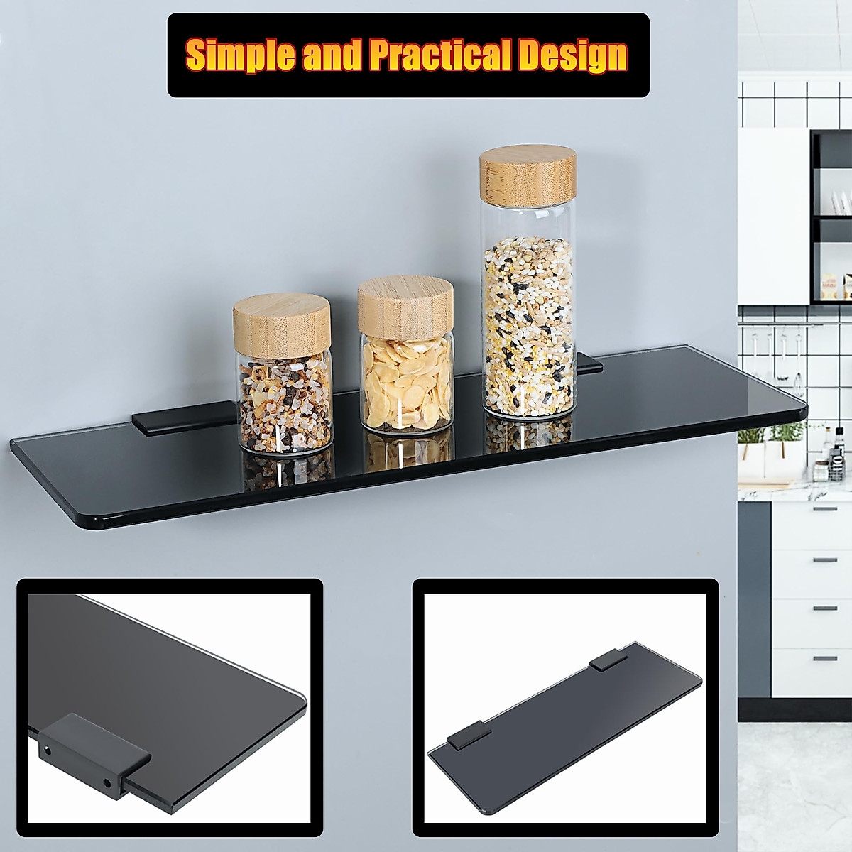 Alise Bathroom Shelves Glass Shelf,Wall Mount Floating Shelves for Bathroom,Rectangular Tempered Glass Shelves for Wall Storage Organizer,Black Finish AGBL2010R-B