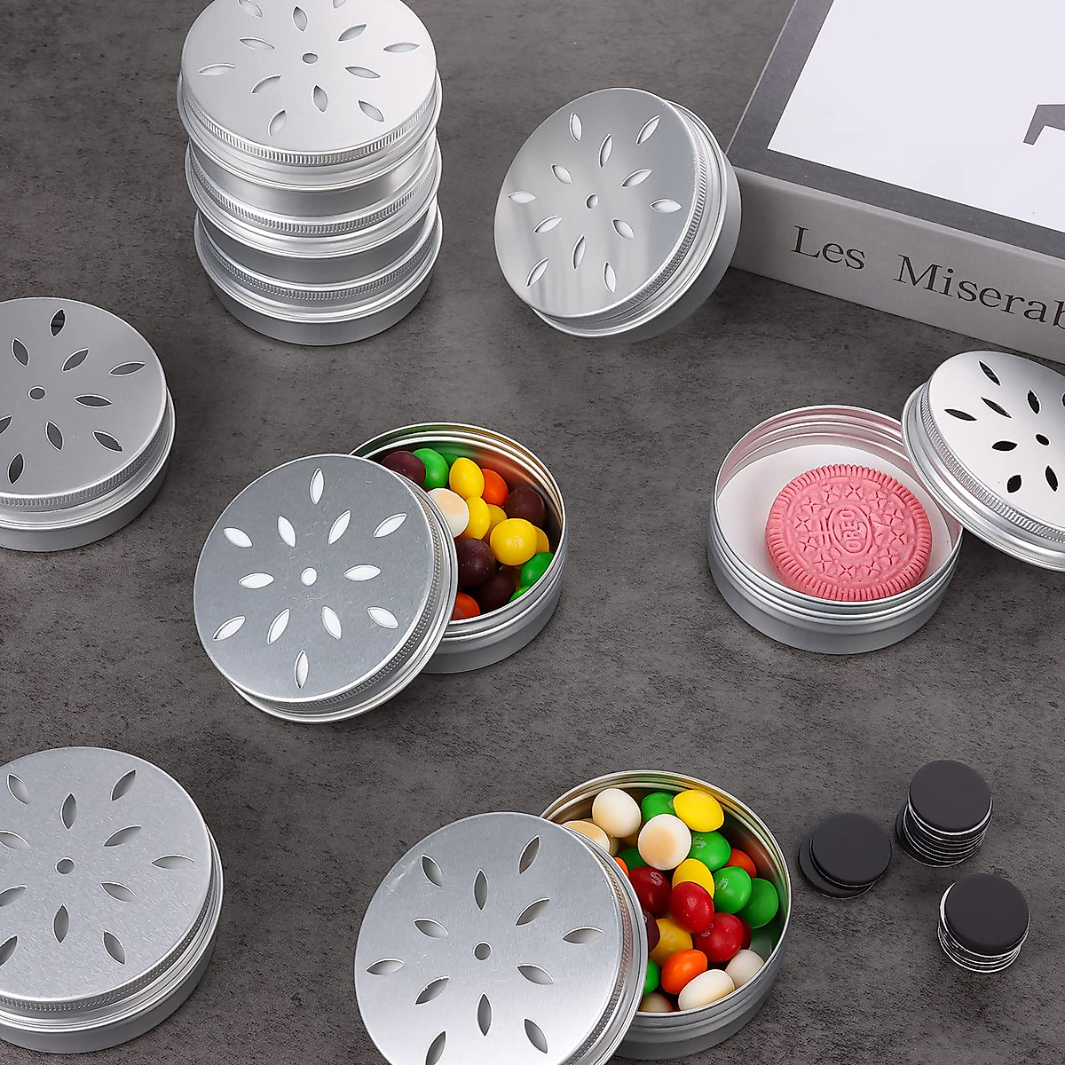 VAIPI 20 Pack Dog Scent Work Tins Dog Nose Training Containers Kit with 50 Magnetic Dots 2 OZ Aluminum Smell Training Box with Hollow Lids Round Refrigerator Deodorant Box with Screw Lid