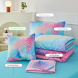 PERFEMET Pink Green Girls Twin Comforter Set, 6 Pieces Colorful Rainbow Kids Bedding Sets, Tie Dye Ombre Glitter Bed in A Bag Comforter Set with Sheets