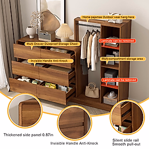 Messenya Dresser with Hanging Racks&Open Shelf Bookcase，Dresser for Bedroom with 6 Drawers Dresser with Clothes Rack, 4-Tier Bookshelf Wood Storage Unit