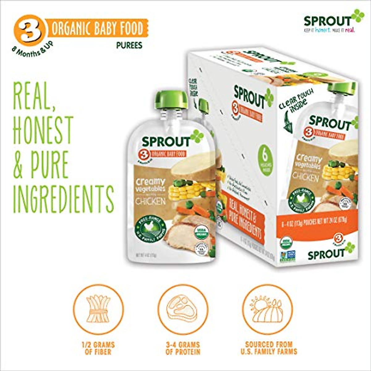 Sprout Organic Baby Food Pouches Stage 3, Creamy Vegetables w/ Chicken, 4 Pouches (Pack of 6) Creamy Vegetables with Chicken 24 Ounce
