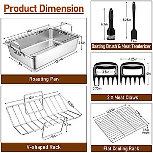 14 Inch Roasting Pan Set (7Pcs), Joyfair Stainless Steel Rectangular Turkey Roaster Baking Pan with V-Rack & Cooling Rack for Oven, Great for Thanksgiving Christmas Roast Chicken Meat Lasgana