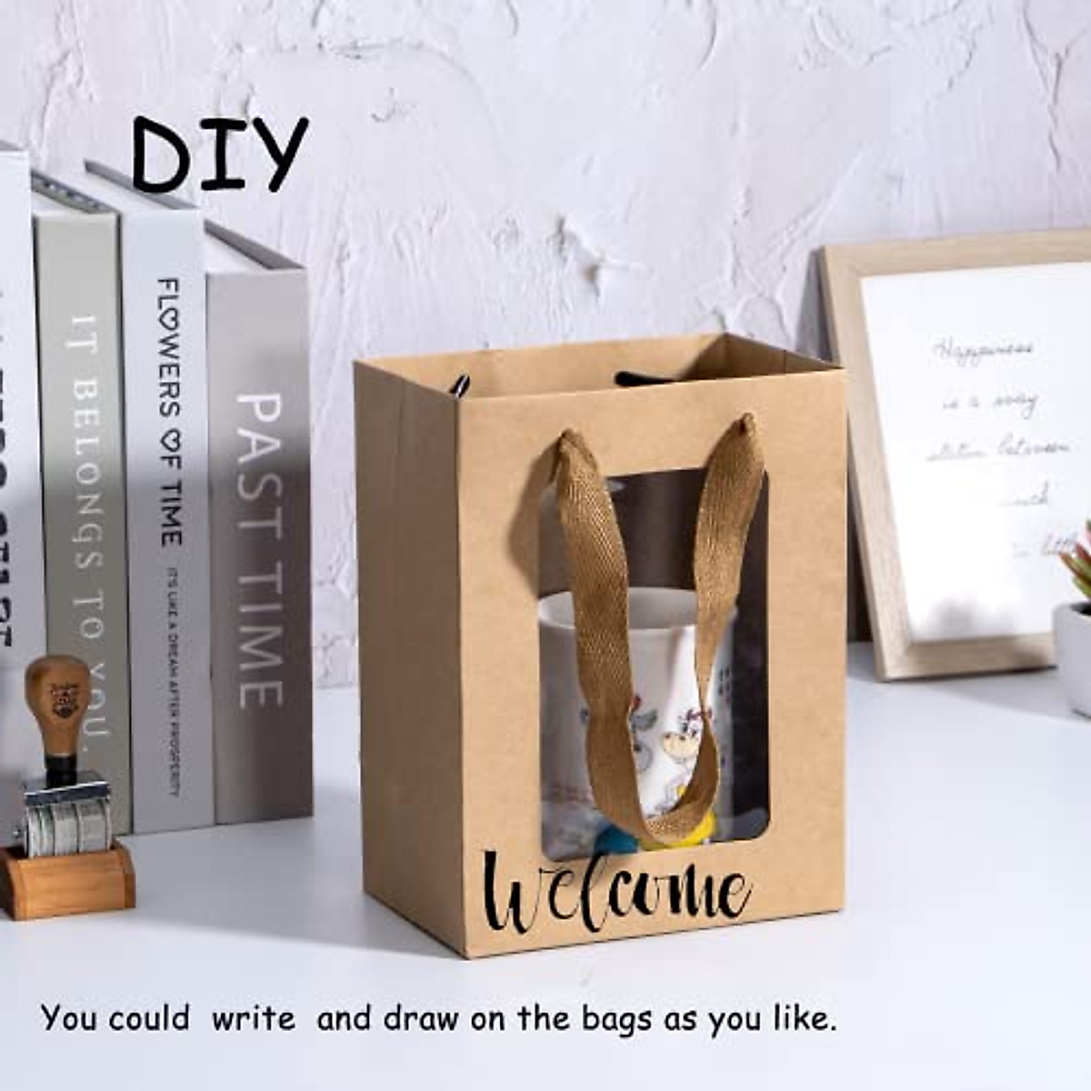 Dasofine 12pcs Brown Gift Bag with Window, Sturdy Paper Tote with Transparent Window, 5.9"×3.9"×7.9" Paper Gift Bags with Handles, Flower Bouquet Bags