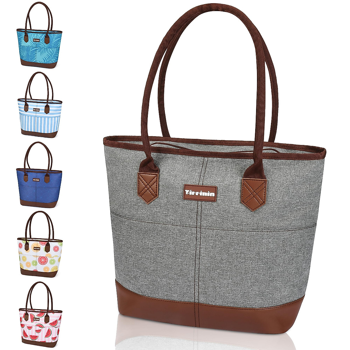 Tirrinia Large Insulated Lunch Tote Bag for Women, Cute Waterproof Leakproof Cooler Bag with Zipper for Work, Beach, Adult Shopping Grocery Bags for Frozen Food - Grey