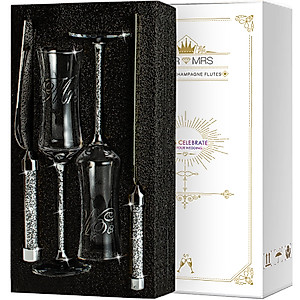 iooiluxry Wedding Champagne Flutes and Cake knife Server Set, Mr and Mrs Champagne Flutes, Bride and Groom Champagne Glasses and Cake Cutting set for Wedding Gifts