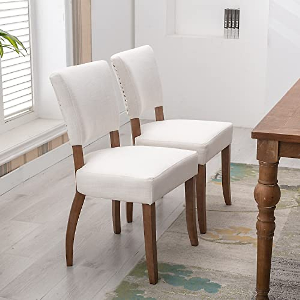 Guyou Farmhouse Cream Dining Chairs Set of 4, Linen Dining Room Chairs with Bronze Nailhead Upholstered Kitchen Side Chairs with Wood Legs for Living Room (Cream)