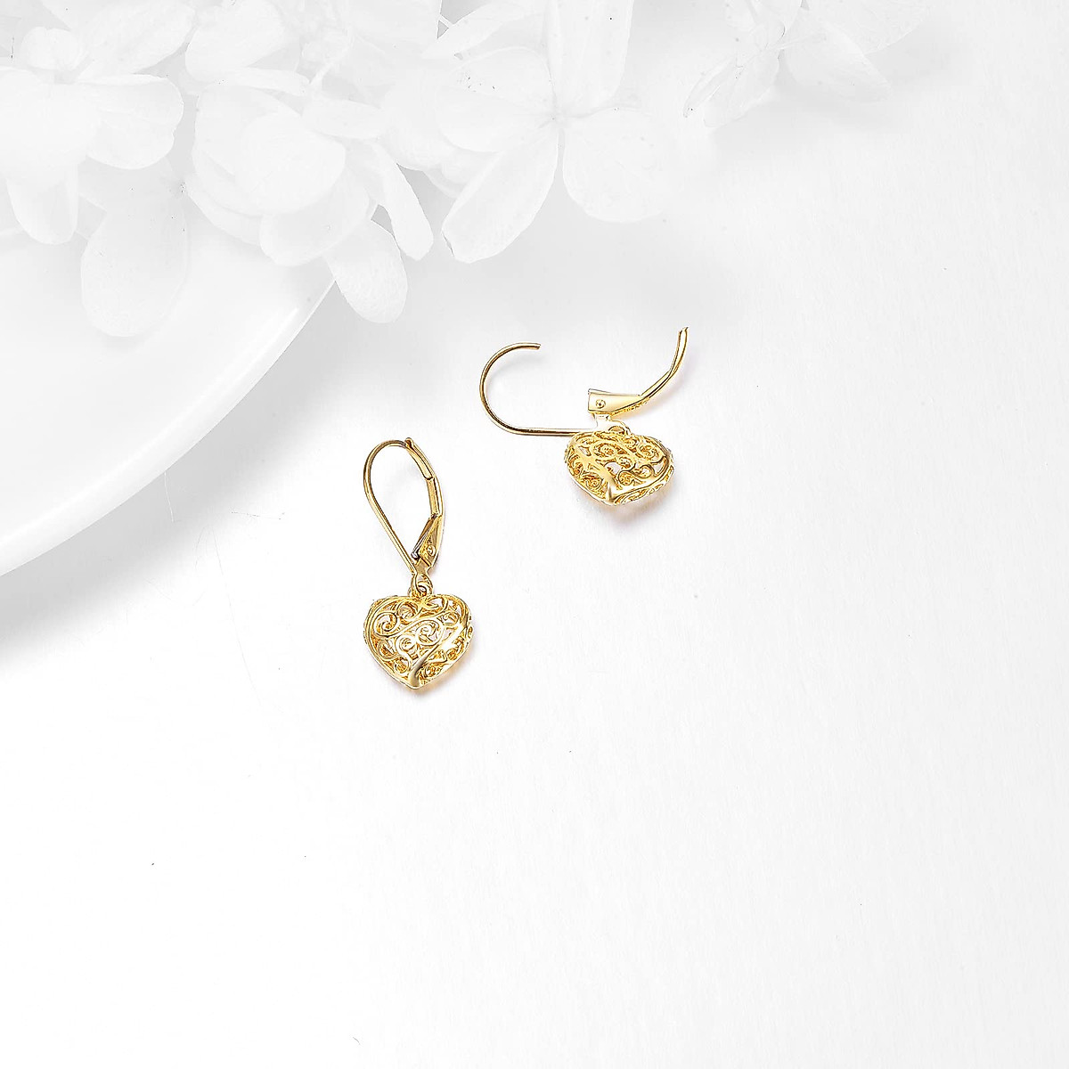 14k Gold Heart Leverback Earrings for Women Filigree Dangle Drop Earrings Vintage Jewelry Birthday Gifts for Her (Heart Filigree Leverback Earrings)