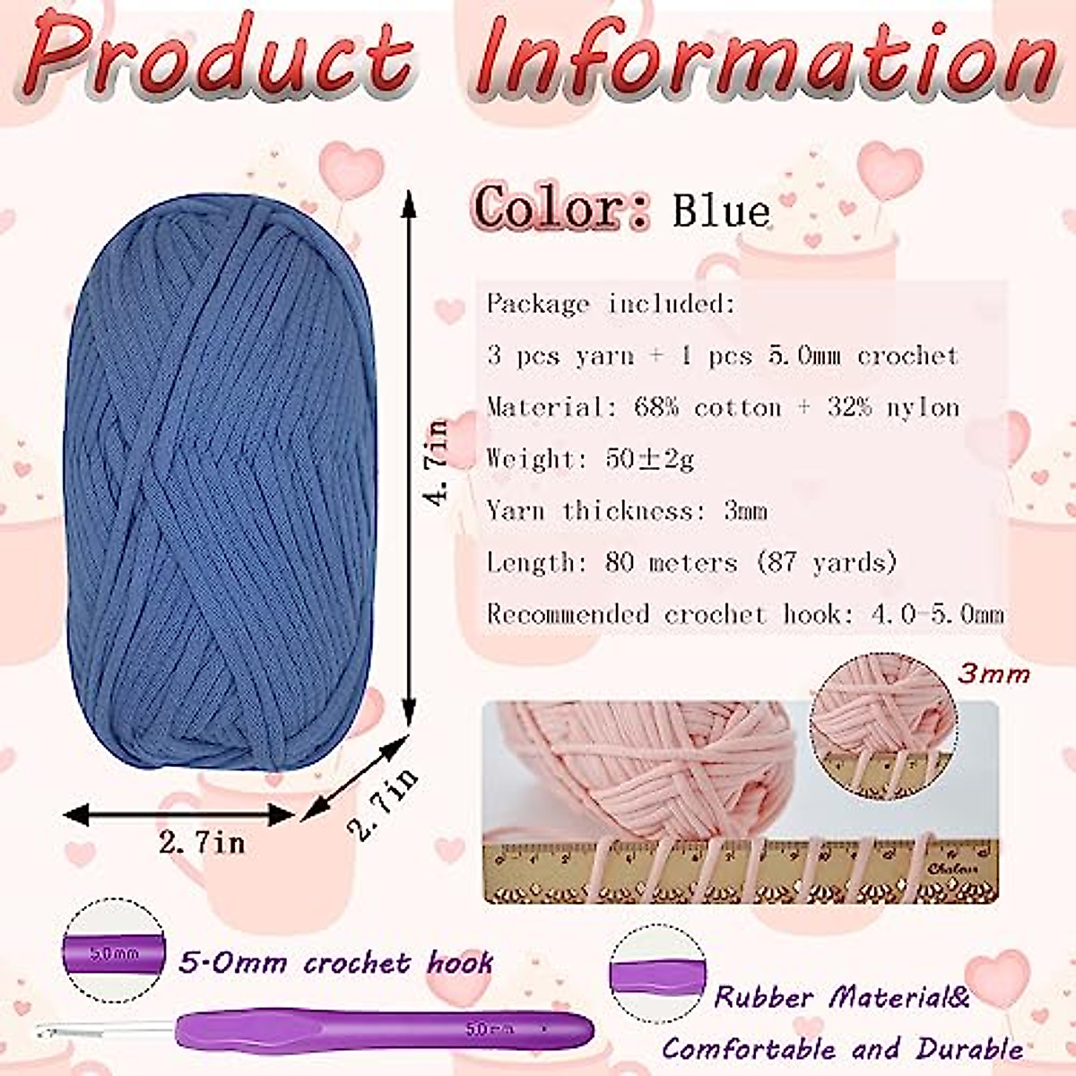 3PCS 150g Beginners Blue Yarn for Crocheting and Knitting,260 Yards Cotton Nylon Blend Yarn for Hand DIY Bag Basket Dolls and Cushion