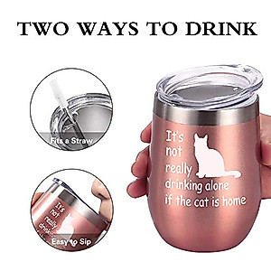 GINGPROUS Cat Lover Gifts for Women, It's not Really Drinking Alone if the Cat is Home Wine Tumbler, Funny Birthday Gifts for Women Cat Mom Cat Lover Cat Lady
