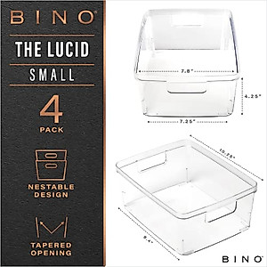 BINO Plastic Storage Containers, Small - 4 Pack THE LUCID COLLECTION, Multi-Use Organizer Bins Built-In Handles BPA-Free Clear, Fridge, Pantry & Home Organization