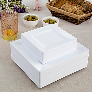SETUP [100 Piece Combo White Square Plates, Disposable Plastic Plates - Premium Heavy-Duty 50 Disposable 9.5" Dinner Party Plates and 50 Disposable 6.5" Salad Plates
