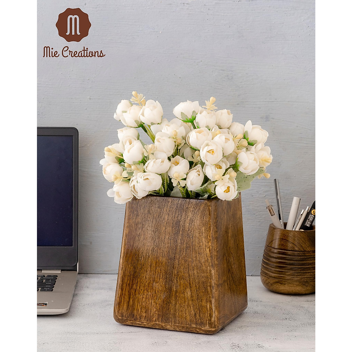 Mie Creations Rustic 7'' Large Utensil Holder Crock for Kitchen Countertop | Thanksgiving Christmas Utensils Crock, Wooden Square Spatula Organizer Caddy for Party, Cooking Counter Decor- Dark Brown