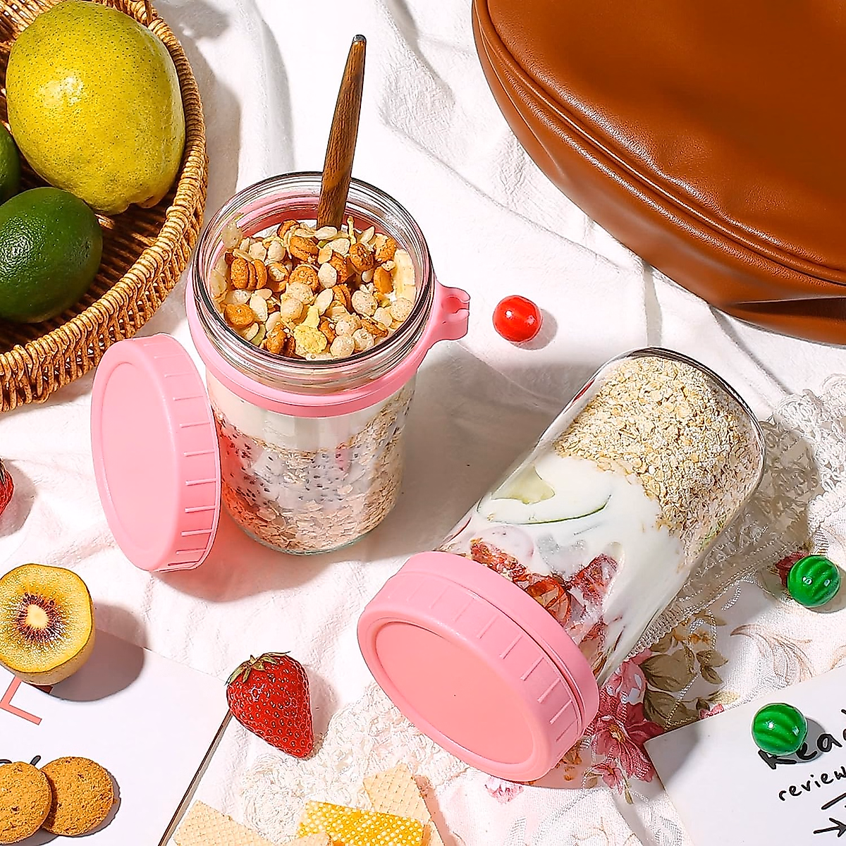 YehTrum Overnight Oats Containers with Lids and Spoon, 4 Packs 22 oz Glass Mason Jars for Overnight Oats, Large Capacity Oatmeal Container Mason Overnight Oats Jars for Milk, Cereal, Fruit