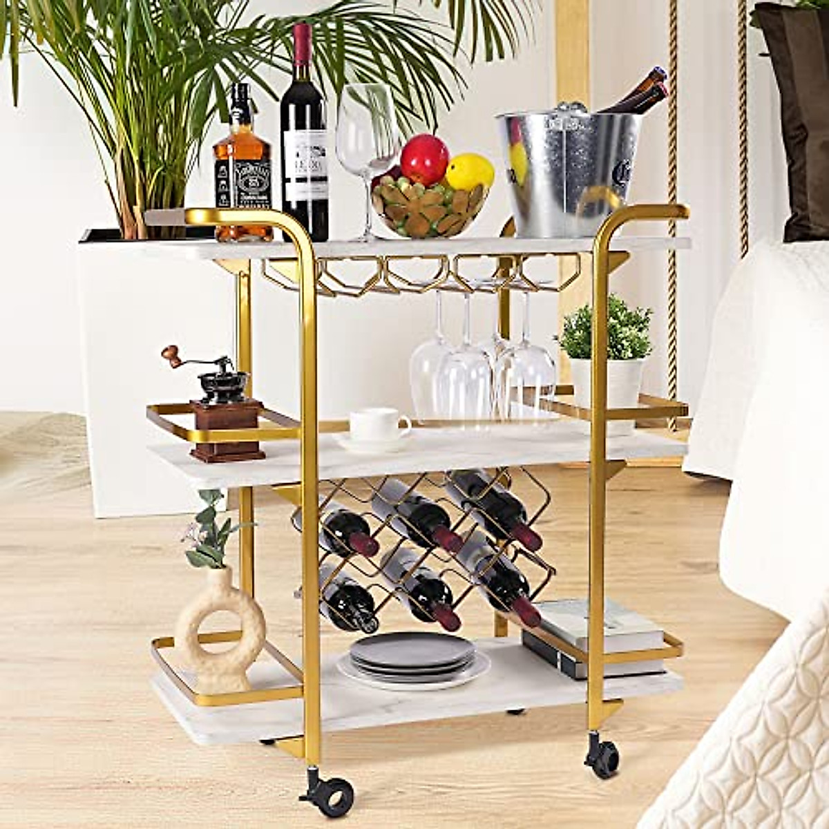 Jubao Gold Bar Cart with 3 Tiers for Stylish Storage, Home Bar Serving Cart with 4 Rows of Glass Holders & 8 Wine Racks, Modern Marbled Solid Wood Cart on Lockable Wheels, Coffee Bar Cart for Kitchen