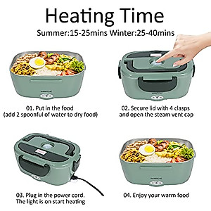 HANFFCAT Electric Lunch Box, Portable Box Food Heater Leak-Proof Sealing Ring Waterproof And For Car、Truck Work 12v 110v 55w ,Stainless Steel Container Spoon Fork、Handbag, Green (DRFH-02)