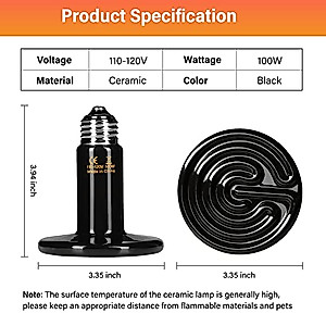 HealSmart Reptile Heat Lamp 100W 2-Pack Ceramic Heat Emitter, No Light Emitting Heat Bulbs for Amphibian Pet Brooder Coop Incubating Chicken, Lizard Bearded Dragon Turtle Snake Terrarium