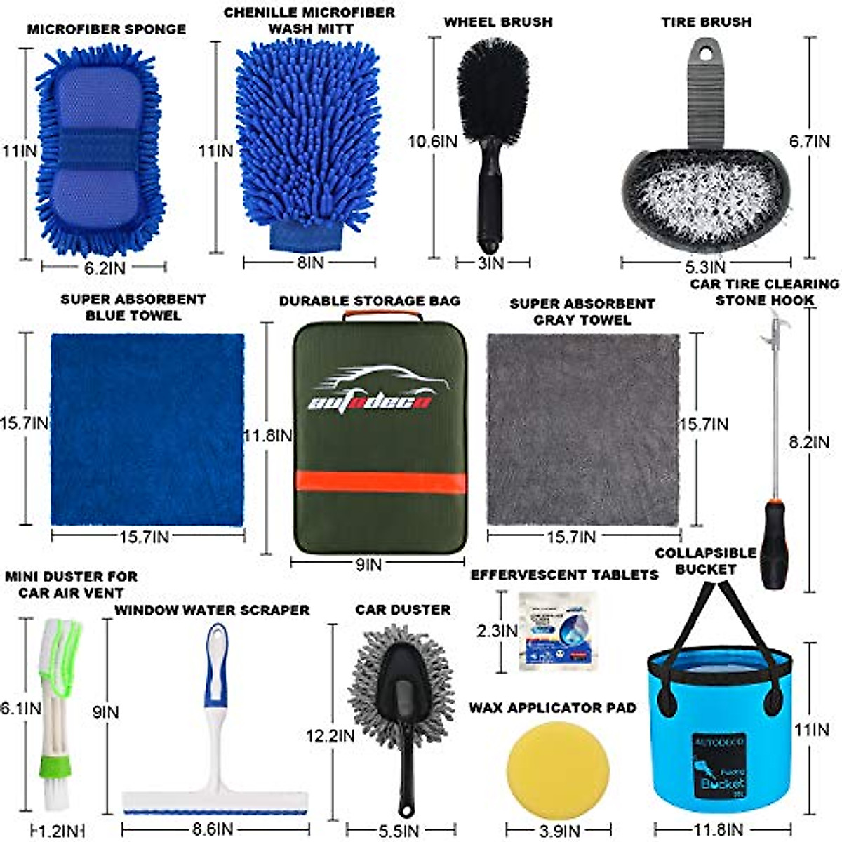 AUTODECO 22Pcs Car Wash Cleaning Tools Kit Car Detailing Set with Olive Green Canvas Bag Collapsible Bucket Wash Mitt Sponge Towels Tire Brush Window Scraper Duster Complete Interior Car Care Kit