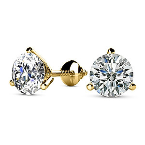 3 Carat 18K Yellow Gold GIA Certified Round Cut Diamond Earrings 3 Prong Screw Back Premium Collection (G-H Color, SI1-SI2 Clarity) - Ideal Cut