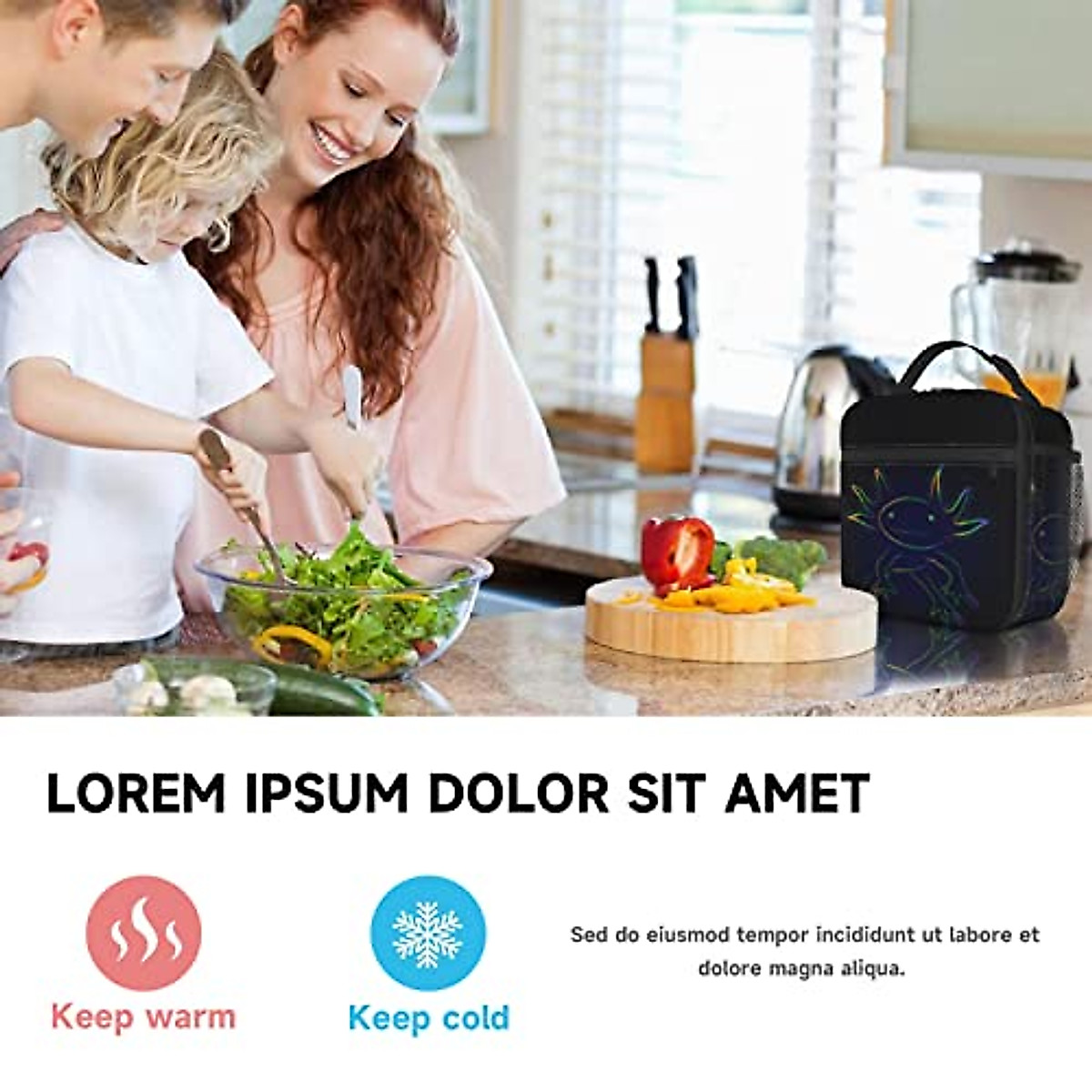 Lunch Bag Stylized Rainbow Axolotl Print Insulated Lunch Box Keep Warm/Cool Lunch Tote Bag Reusable Portable Lunch Bags