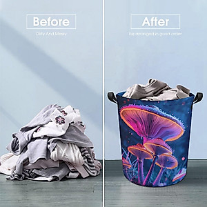 TsyTma Bright Neon Mushrooms Small Laundry Basket for Bedrooms Colorful Collapsible Round Laundry Hamper with Handles Round Toy Bin for Dirty Clothes Bathroom