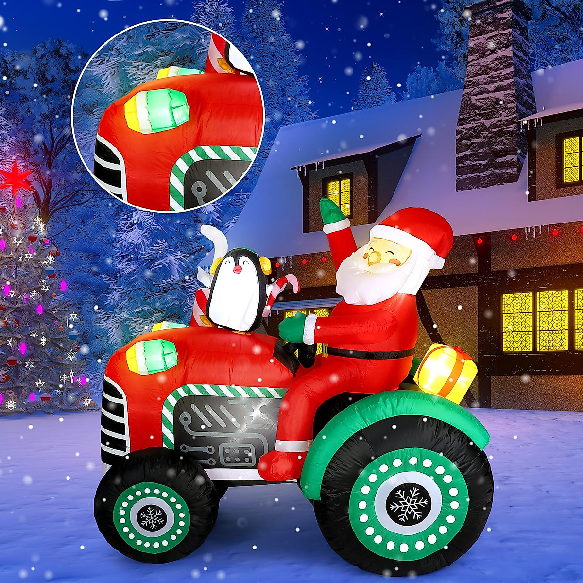Retisee 5 Feet Tall Christmas Inflatable Santa Claus Drive Tractor with Penguin LED Holiday Outdoor Blow up Yard Decorations with Lights for Christmas Party Indoor Family Garden Lawn Decor