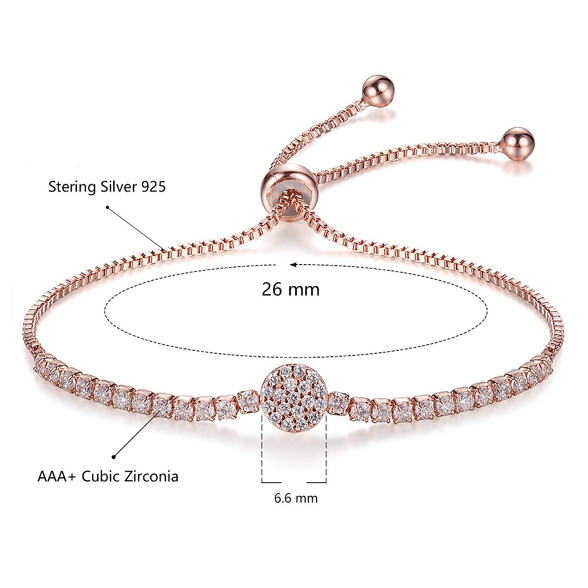 Micropave Disc Bolo Bracelet Adjustable 10 Inch 14K Rose Gold Plating