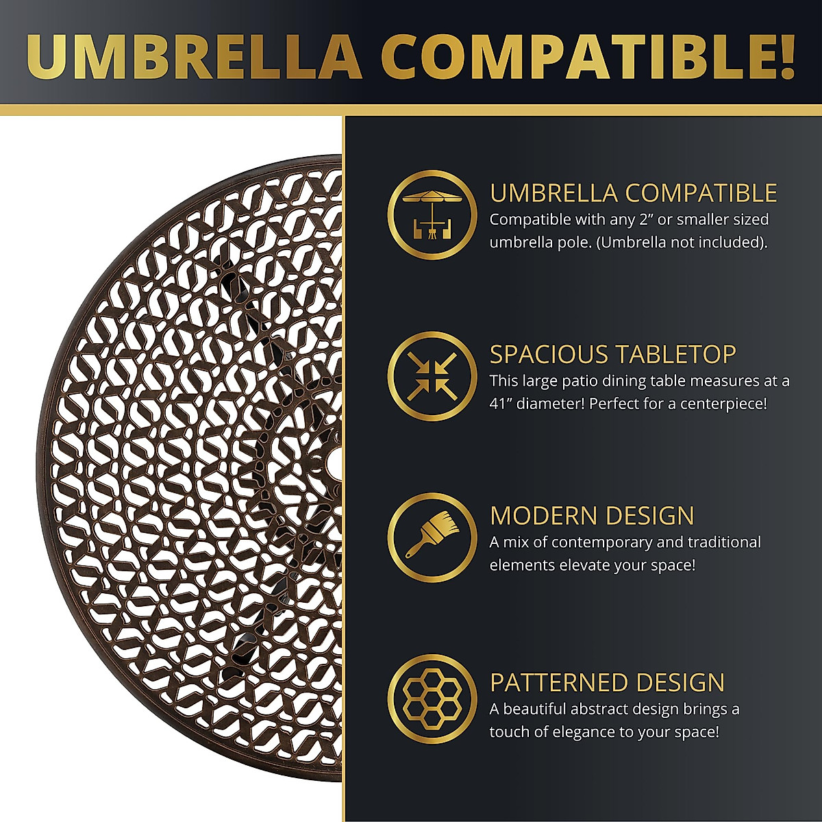 Kinger Home Harmon 5-Piece Cast Aluminum Outdoor Dining Set for 4 with Cushions - Elegant Round Patio Table and Chairs with Umbrella Hole, Bronze