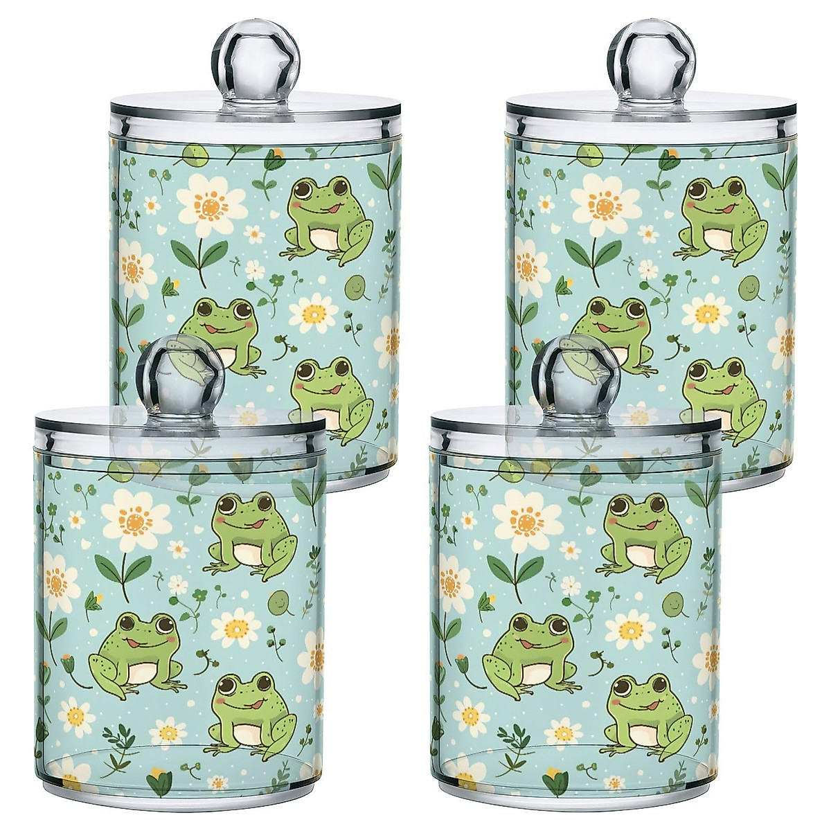 GOODOLD Cute Kawaii Frogs Qtip Holder 2 Pack - 10 Oz Clear Plastic Apothecary Jar Set for Bathroom Organization - Versatile Canister Storage for Cotton Balls, Swabs, Rounds