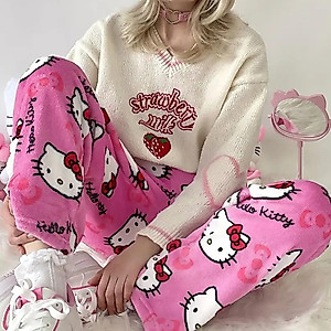 Kawaii Pajamas for Women Girls Cartoon Cat All Over Print Flannel Christmas Halloween Anime Soft Sleep Pajamas Pants,Style-4，L