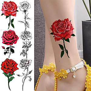 EGMBGM 24 Sheets Black Sketch Rose With Snake Temporary Tattoos For Women, Sexy Red Rose Branch Crescent Moon Tattoo Sticker For Girls, Waterproof Arm Leg Neck Fake Flowers Tattoo Temporary Tatoo Kit