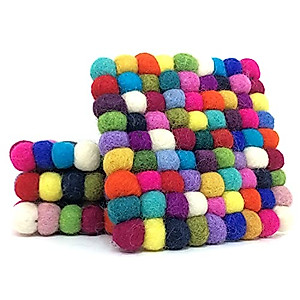 Colorful Felt Coasters Square - Premium Felted Ball Wool Coasters Set of 4 - with Lokta Gift Box - Handmade Large Absorbent Coasters for Drinks - Naturally Dense, Heat Resistant, Thick & Durable